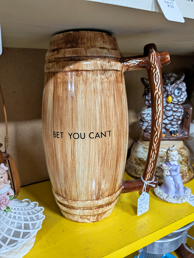 "Bet You Can't"&mdash;a cheeky barrel mug that perfectly captures the playful spirit of barroom challenges from simpler times.
