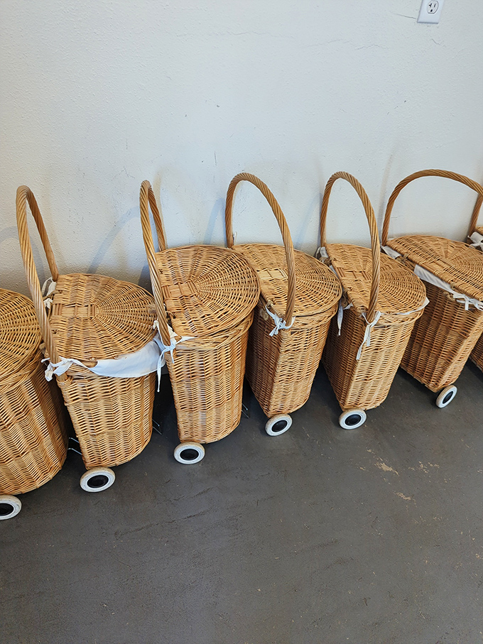 Wicker baskets with wheels &ndash; the shopping carts of yesteryear, ready to roll through farmers markets that exist only in nostalgic memories.