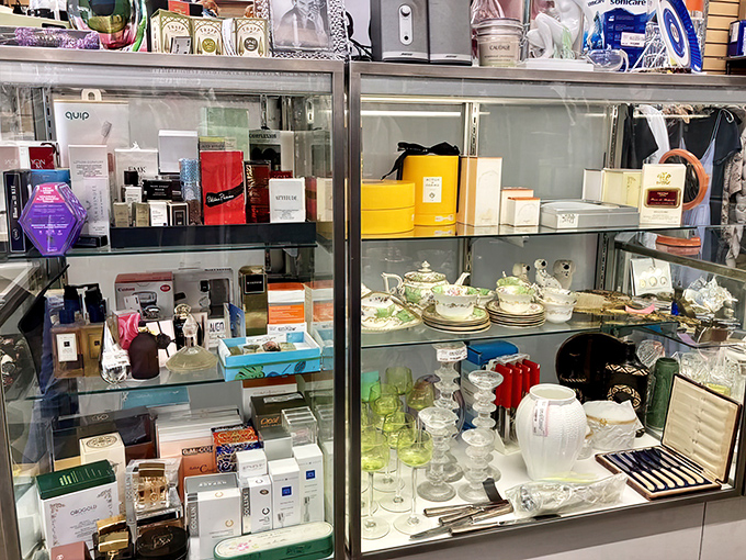 From perfume bottles to porcelain, the display cases showcase smaller treasures that might be overlooked in less thoughtfully arranged thrift stores.