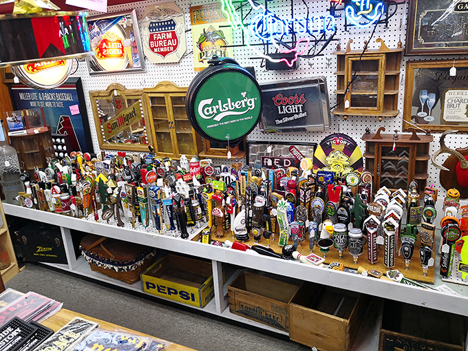 Beer tap handles galore! A collector's dream and the perfect way to add authentic pub charm to your home bar setup. 