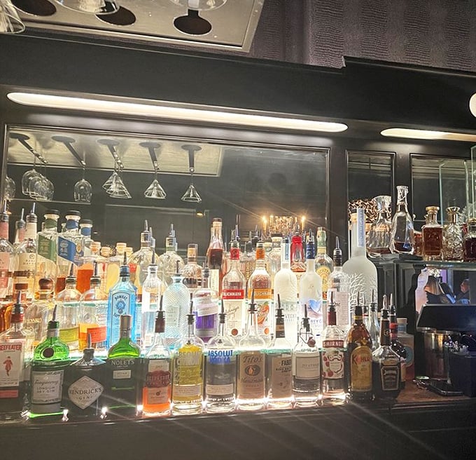 The liquid library behind the bar promises stories that unfold sip by sip. Each bottle a different chapter in your evening's adventure.