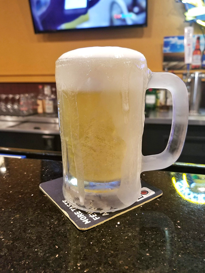 A frosty mug of beer that whispers, "Maybe you're not going back to work after lunch today." We won't tell.