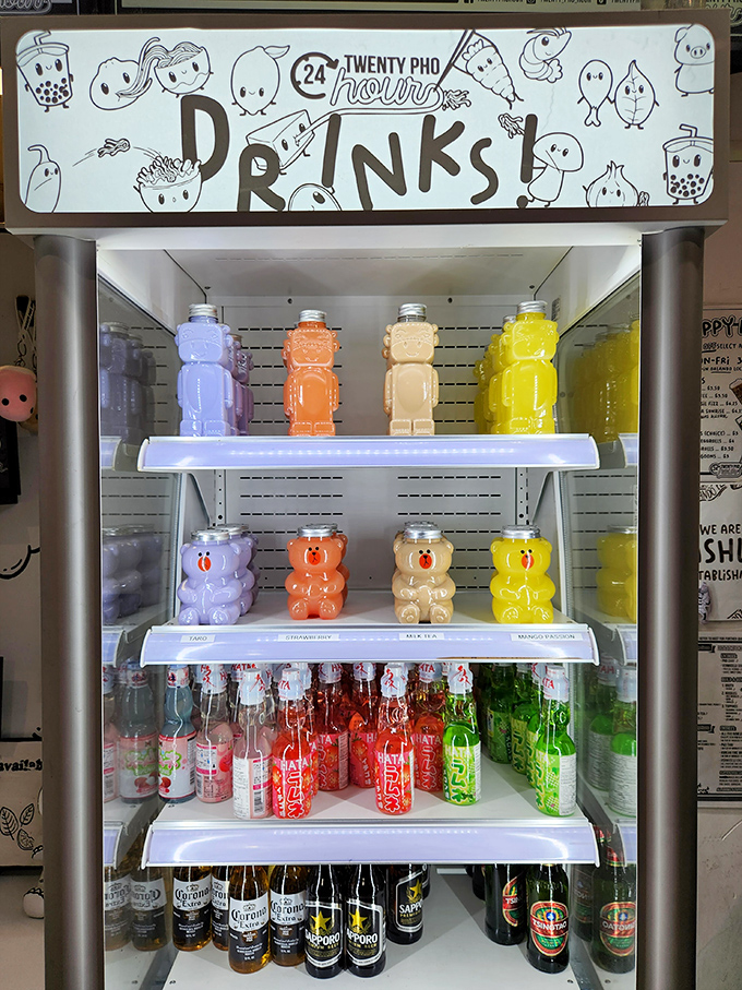 The beverage section features drinks as cute as they are refreshing. Those robot and bear bottles would be worth collecting if they weren't so delicious!