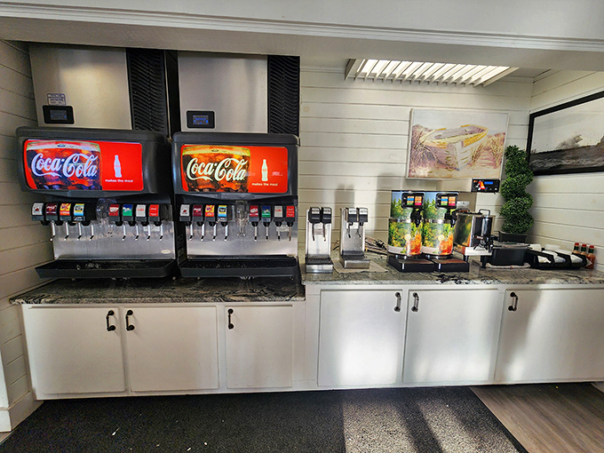 Self-serve beverage station that says, "We're focusing on the fish, folks." Unlimited refills are the unsung heroes of seafood feasts.