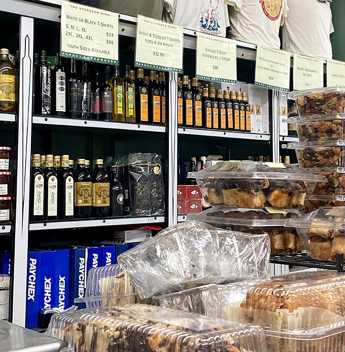 Beyond fish and bagels, these shelves hold the supporting cast: oils, rugelach, and other essentials for the complete Jewish appetizing experience.