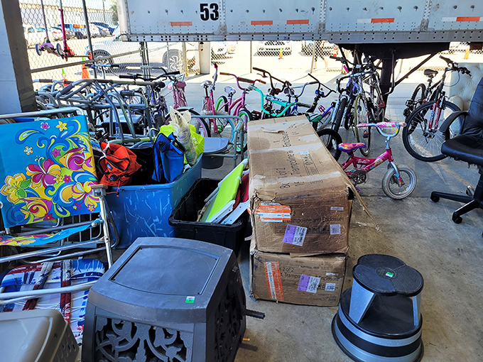 The outdoor section resembles a yard sale curated by someone with impeccable taste for the practical, whimsical, and everything between.