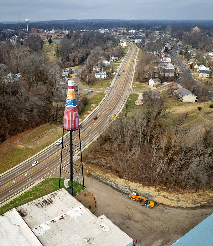 From above, the bottle's true scale becomes apparent, dwarfing cars and buildings like some benevolent condiment overlord watching over its domain.