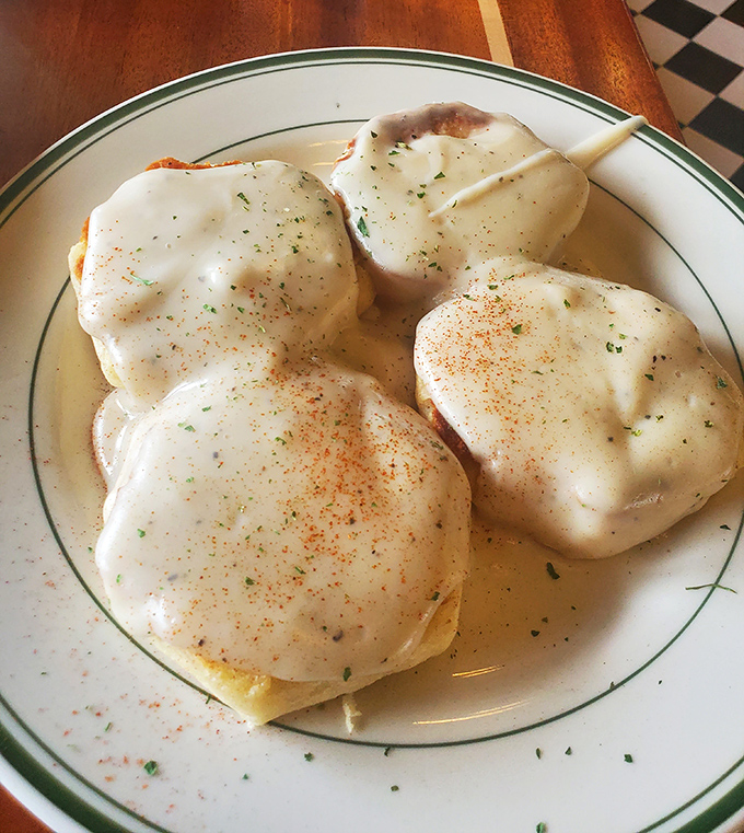 Biscuits and gravy that don't mess around&mdash;pillowy islands in a sea of peppery, sausage-studded gravy that could convert even the most dedicated health food enthusiast.