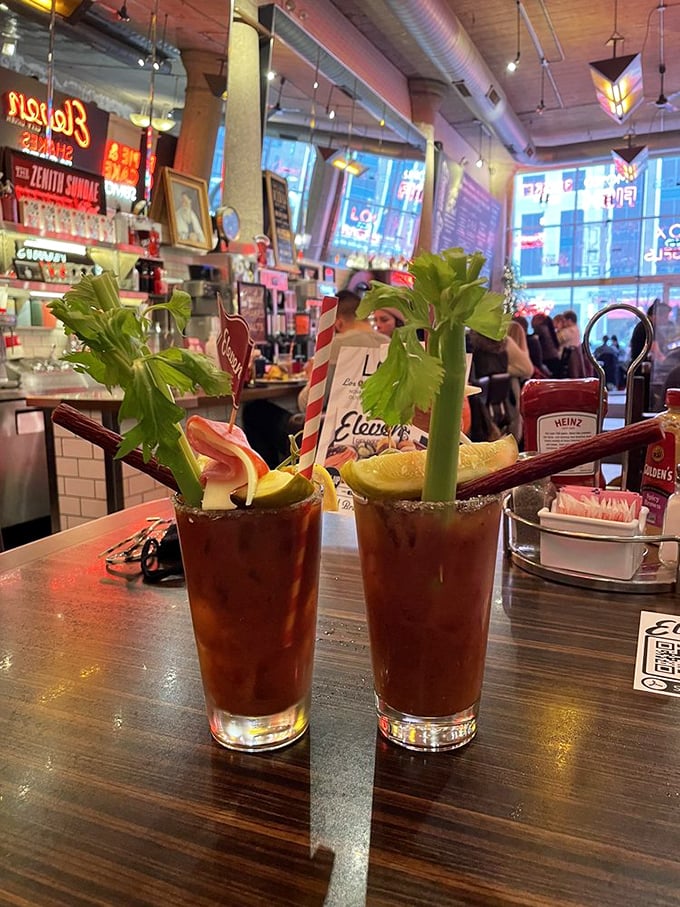 Bloody Marys garnished with celery stalks standing at attention&mdash;liquid salad that makes day drinking seem downright virtuous.