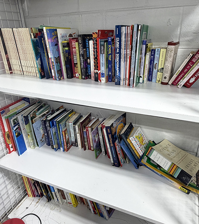 Books waiting for new readers to discover their dog-eared pages. Someone's discarded self-help guide might change your life tomorrow.