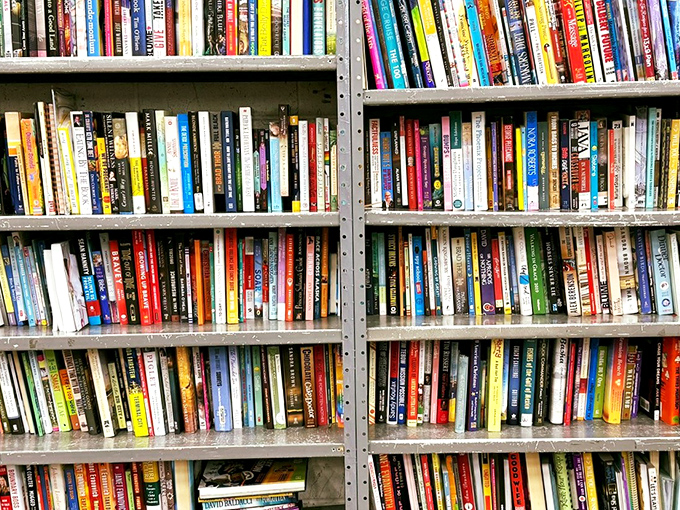 Pre-loved books lined up like old friends waiting to tell their stories again, proving the best adventures don't require new covers.