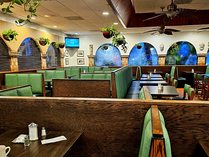 Mint-green booths invite you to slide in and stay awhile. The hanging plants are there to remind you that something in this diner is eating healthy.
