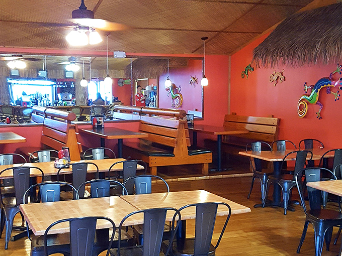 Booth seating with a view of the action&mdash;the perfect spot to conduct serious research on how many perch sandwiches one person can reasonably enjoy.