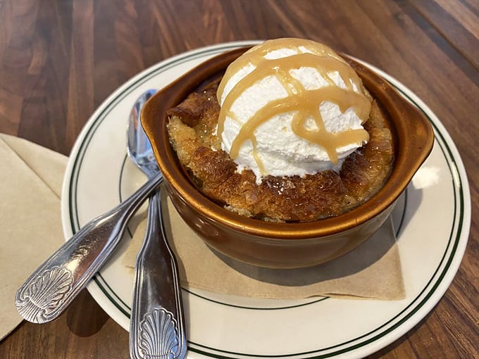 Bread pudding that whispers "you deserve this" after your seafood feast. That caramel sauce and ice cream aren't suggestions&mdash;they're requirements.