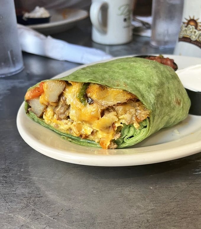A breakfast burrito that requires both hands, a napkin, and possibly a game plan.