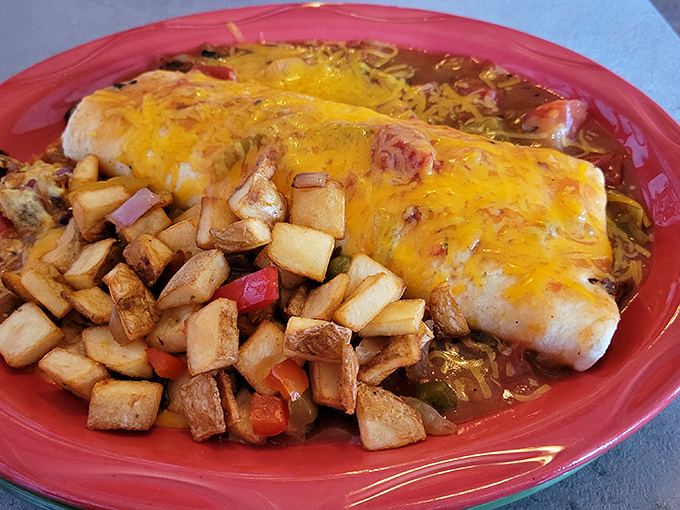 This isn't just a burrito&mdash;it's a flavor fiesta wrapped in a tortilla blanket, smothered with enough cheese to make Wisconsin nervous.