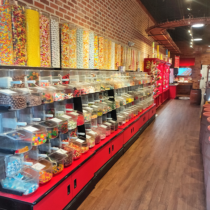 A candy lover's dream where willpower goes to die. The wall of colorful temptations is basically an adult version of Willy Wonka's factory.