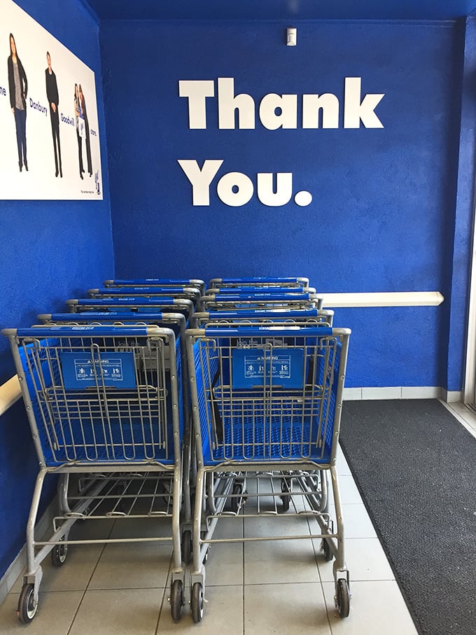 Shopping carts await beneath a grateful "Thank You" &ndash; a reminder that this retail experience supports a greater mission in the community.