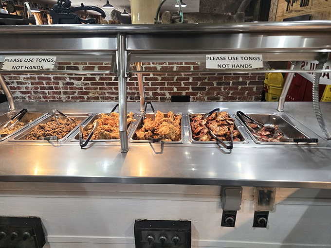 "Please use tongs, not hands" might be the only rule standing between civilization and barbecue anarchy at this glorious buffet line.