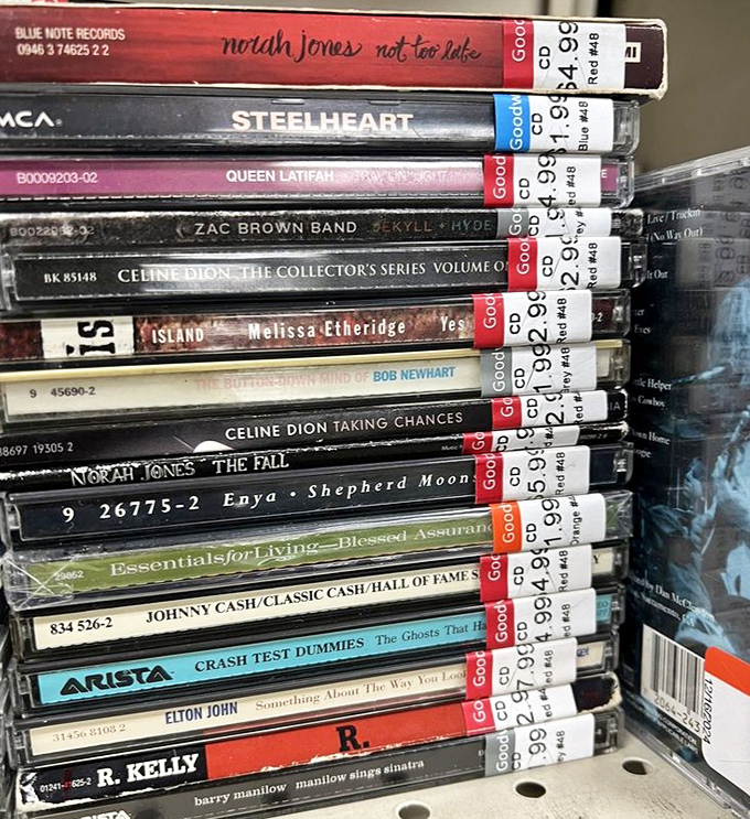 The CD section: a time capsule of musical tastes where Norah Jones sits comfortably next to Johnny Cash and Crash Test Dummies.