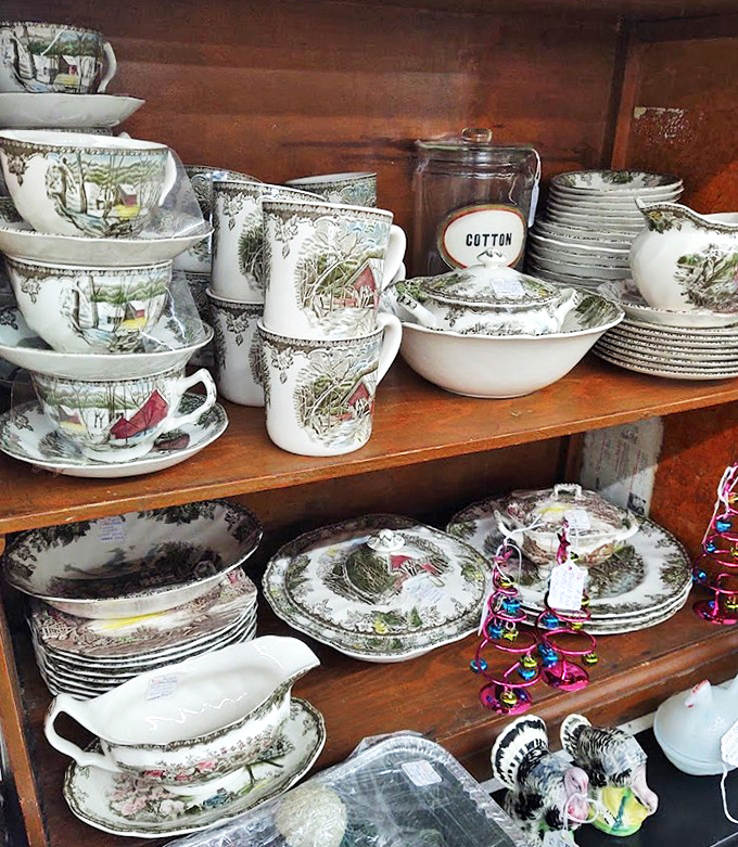 Grandmother's china patterns live forever here. That winter scene pattern has hosted more holiday meals than most family recipes.