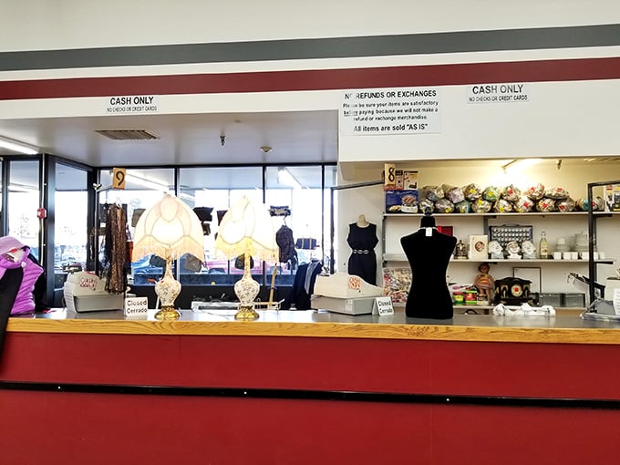 The checkout counter displays vintage lamps and mannequins, with clear "Cash Only" signs&mdash;a final portal between hunting and gathering.