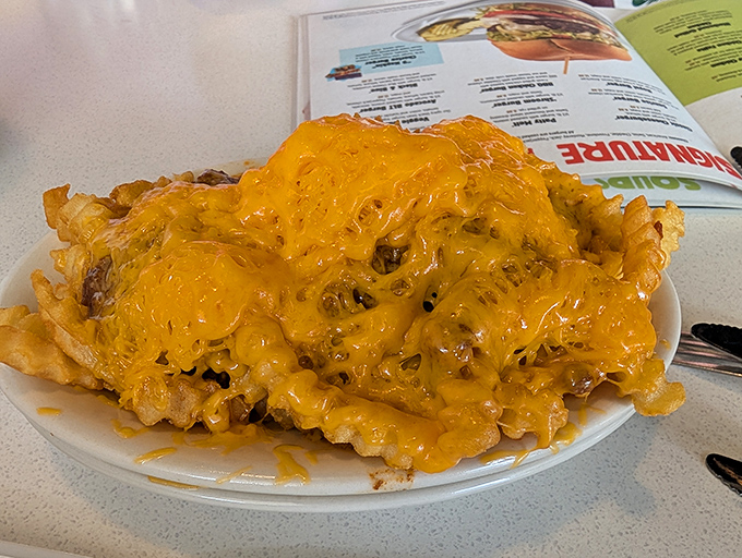 Cheese fries that require a commitment—and possibly signing a waiver. That golden cascade of cheddar isn't messing around.