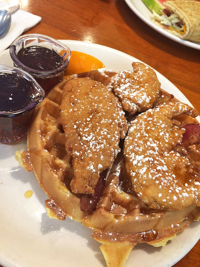 Chicken and waffles: the breakfast-meets-lunch romance that proves opposites attract, especially when dusted with powdered sugar.