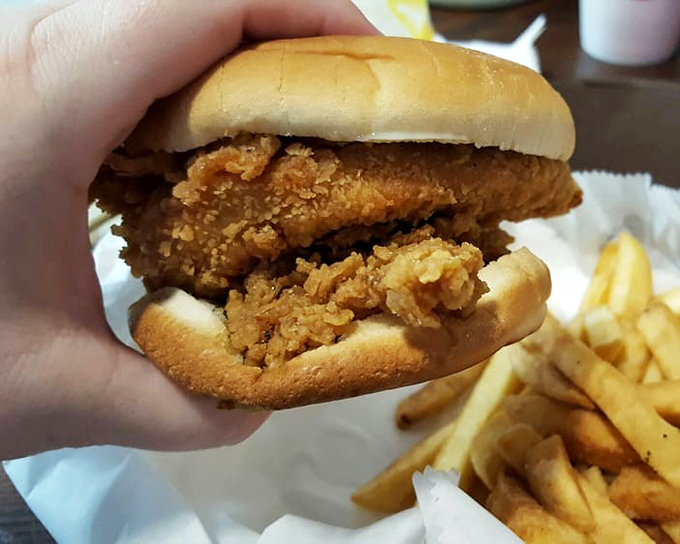 Behold: the perfect hand-to-mouth ratio of crispy chicken to soft bun. A sandwich so straightforward yet satisfying, it makes you question fancy food altogether.
