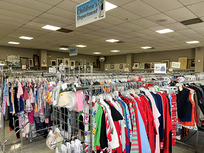 The children's department is a rainbow of tiny fashions, where budget-conscious parents find name brands without the sticker shock.