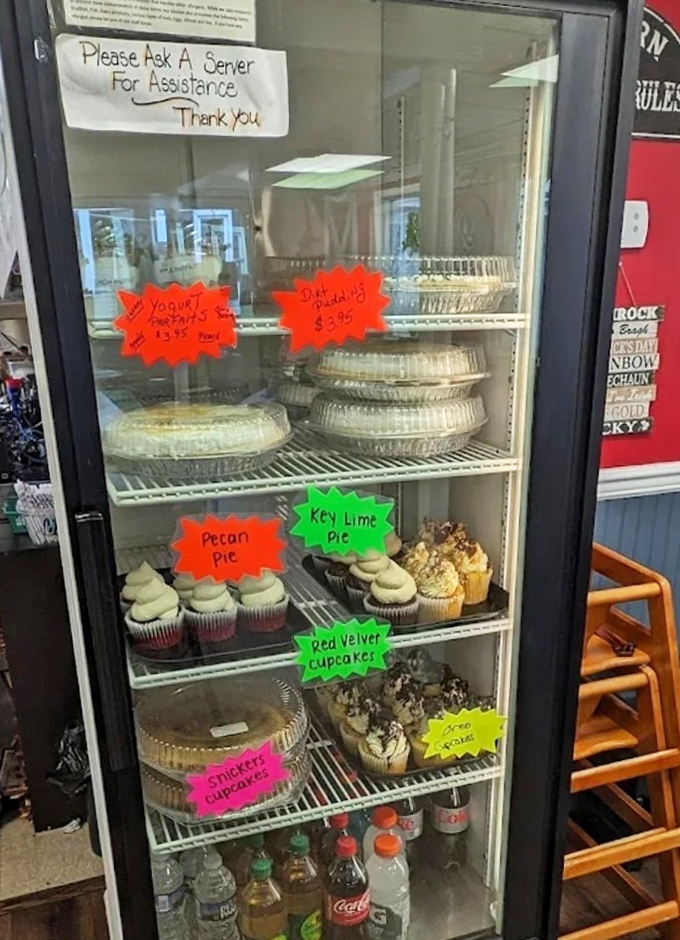 A dessert case that serves as a glass-fronted museum of American pastry arts, from key lime pie to red velvet cupcakes.