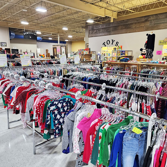 The children's clothing section: a rainbow of possibilities where growing kids can get new-to-them wardrobes without growing your credit card bill.