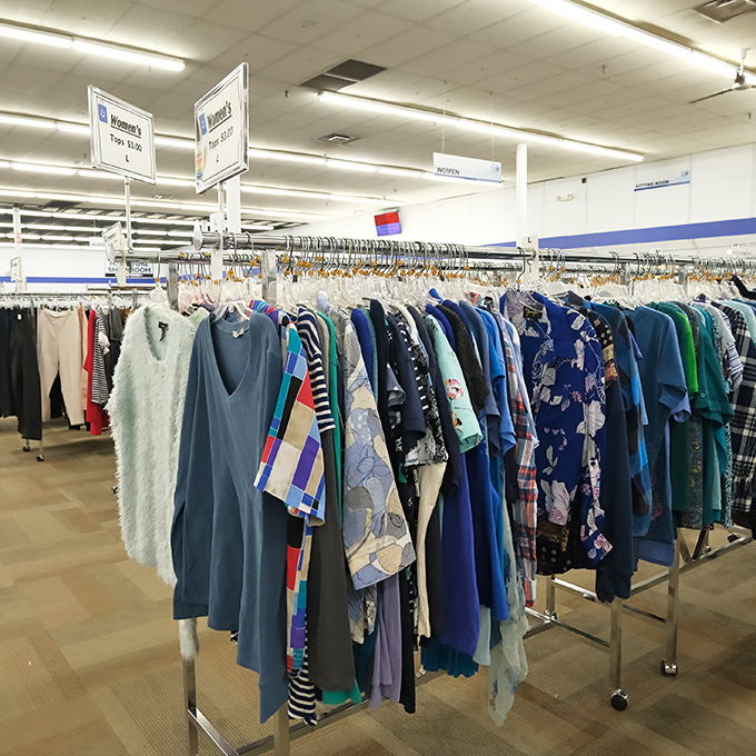 Color-coded clothing racks make finding your size a breeze. The thrill of the hunt is matched only by the joy of discovering designer labels.