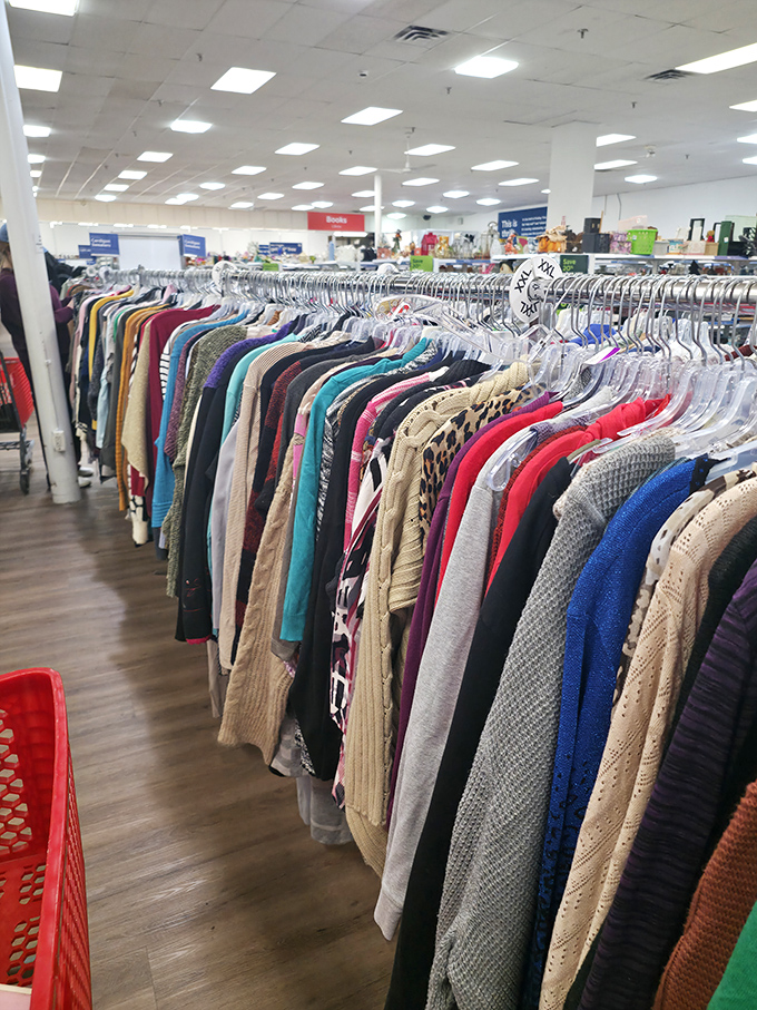 The clothing aisles: where vintage, barely-worn, and "what were they thinking?" hang together in democratic fashion harmony.