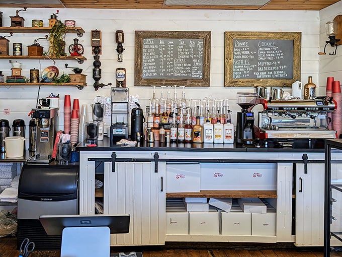 Not just a coffee station&mdash;it's a laboratory where caffeine scientists work their magic alongside vintage coffee grinders that remember simpler times.
