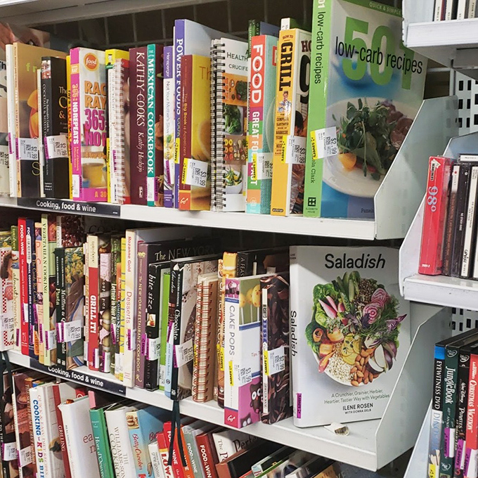 Cookbooks stacked with culinary inspiration – from forgotten 90s diet trends to timeless classics, all priced less than a fancy latte.