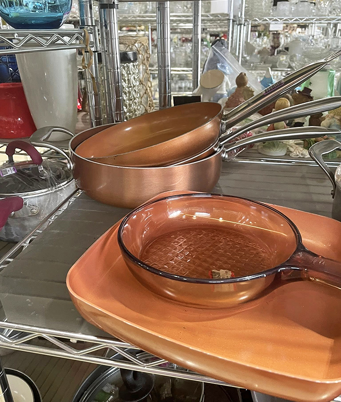 Copper cookware that could grace a cooking show set, waiting to transform someone's kitchen game for pennies on the dollar.