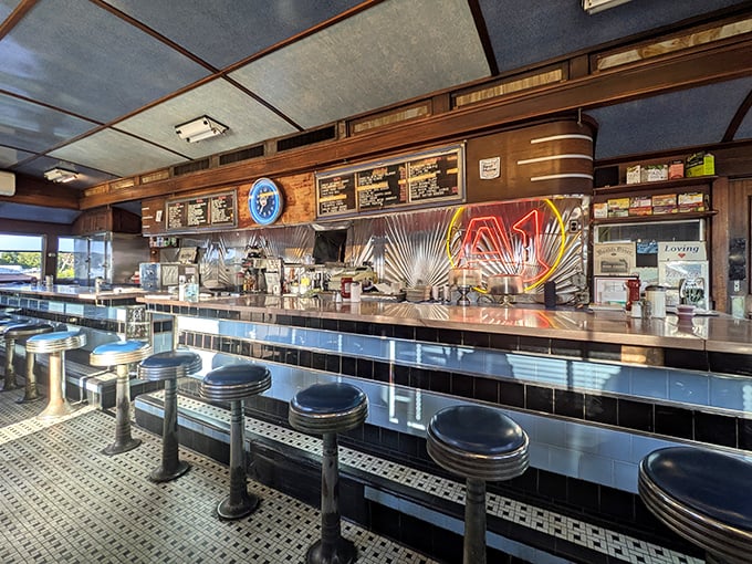 The counter stretches like a runway for food, where blue stools await diners ready for takeoff into flavor country.