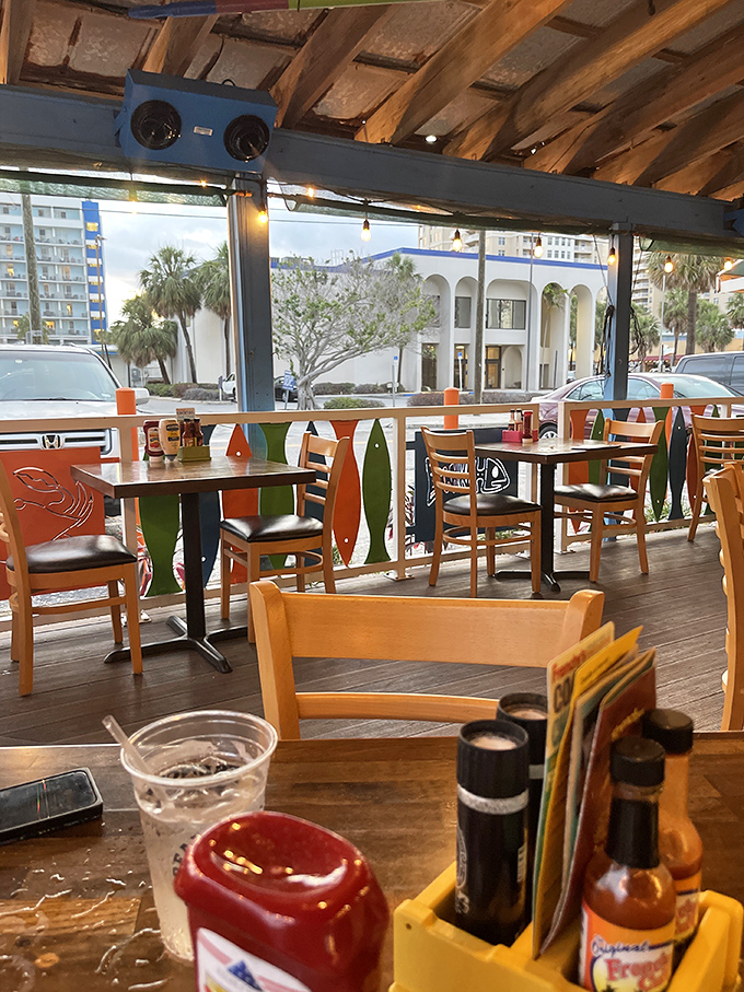 The covered patio offers front-row seats to Clearwater's perfect weather, where every table feels like the best one in the house.