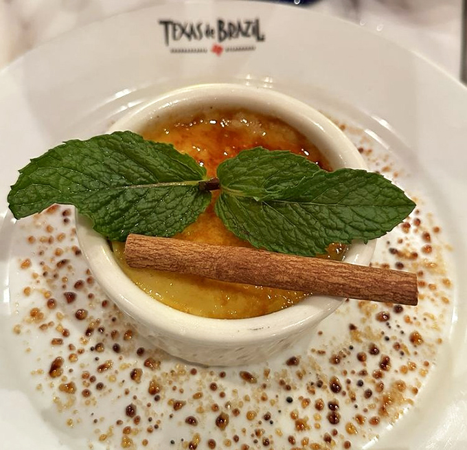 Cr&egrave;me br&ucirc;l&eacute;e gets a Brazilian makeover with cinnamon and mint. The caramelized top waits to be cracked like a delicious puzzle.