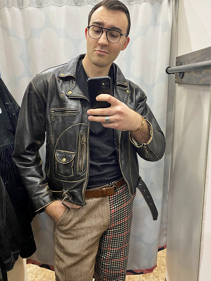 The dressing room mirror moment&mdash;when vintage leather meets contemporary style and you realize secondhand might be your first choice going forward.