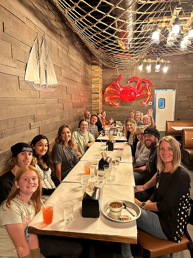 The true measure of a great restaurant: tables filled with happy people making memories over mountains of seafood.
