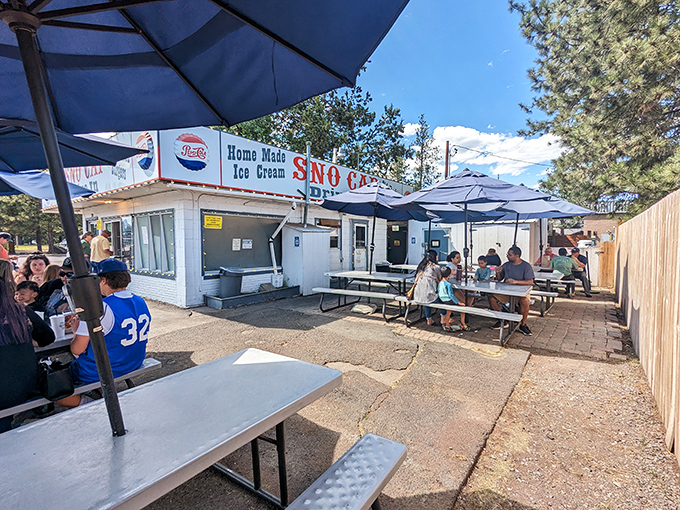 Sun-drenched outdoor seating where the mountain air makes everything taste better&mdash;especially when "everything" includes old-fashioned burgers and shakes.