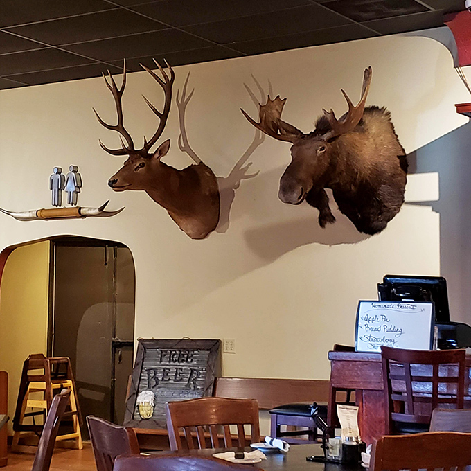 Trophy heads keeping watch like silent judges of your steak-ordering prowess and appetite ambition.