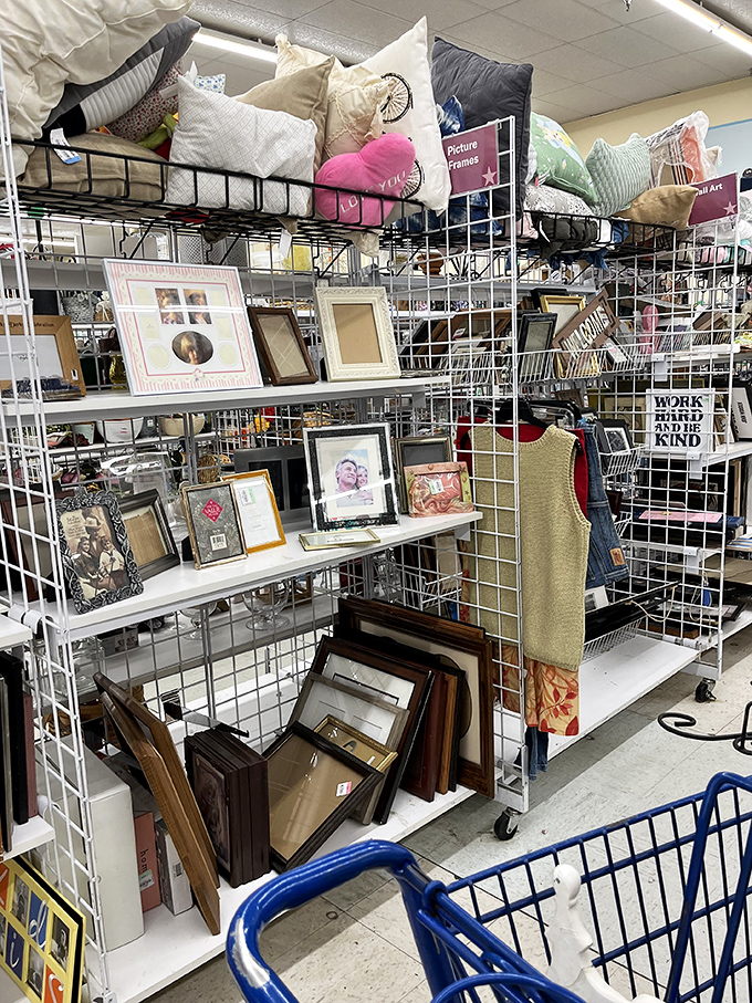 Picture frames and decorative pillows await new homes. That inspirational quote frame might be exactly what someone's living room needs.