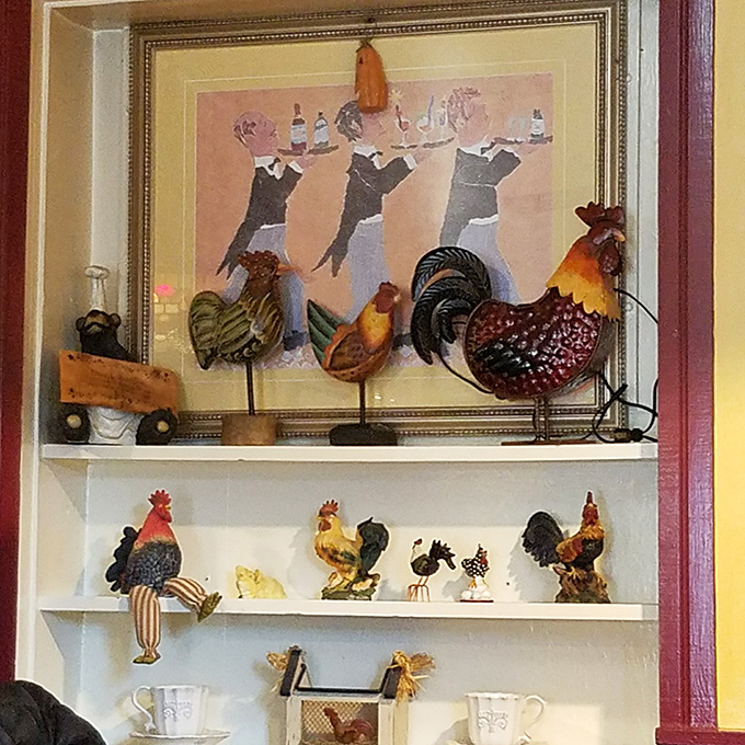 A whimsical collection of roosters stands guard over breakfast proceedings, ensuring morning excellence with farmyard authority.
