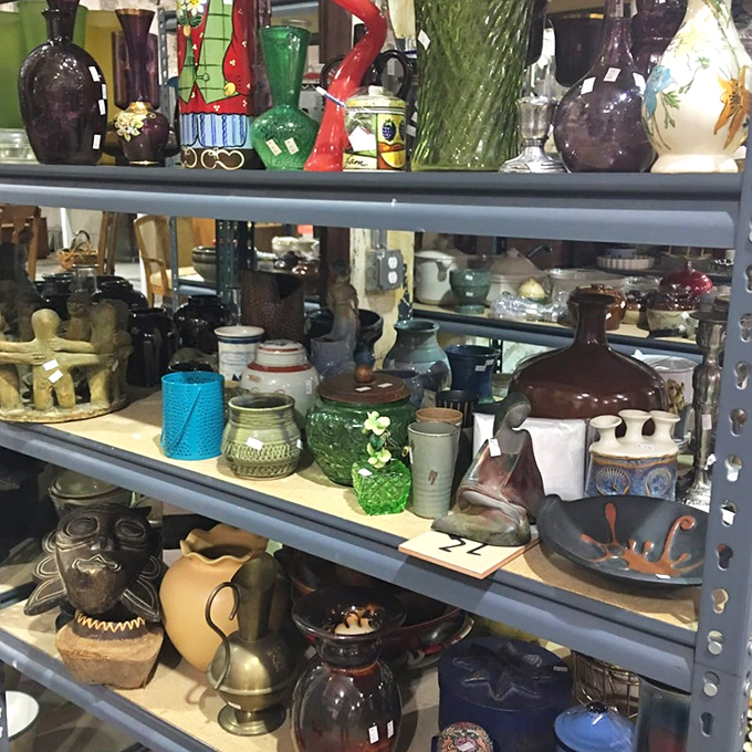 A colorful congregation of vases, pottery, and glassware&mdash;each piece wondering if it'll become someone's "I found this amazing thing" story.