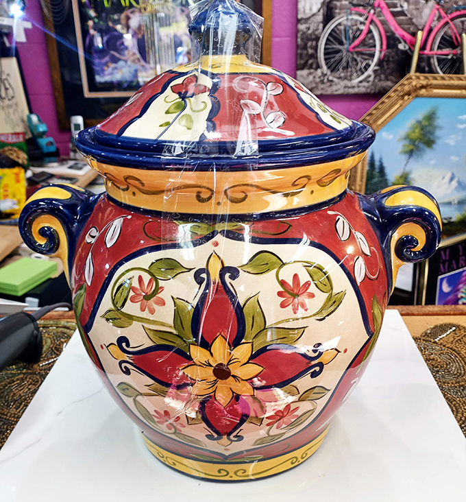 This vibrant ceramic pot brings Mediterranean sunshine to Virginia, practically begging to be filled with flowers or simply admired. 
