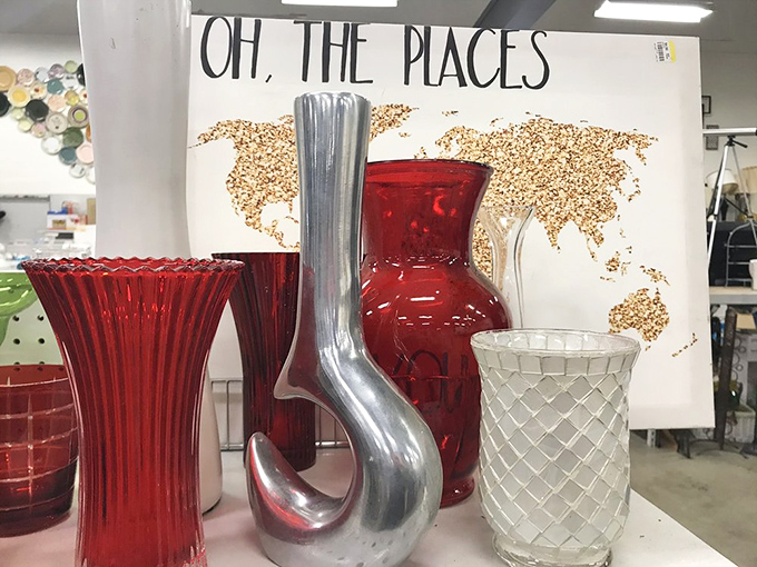 These vases against a "Oh, The Places" backdrop perfectly capture the Goodwill philosophy: beautiful things waiting for new adventures.