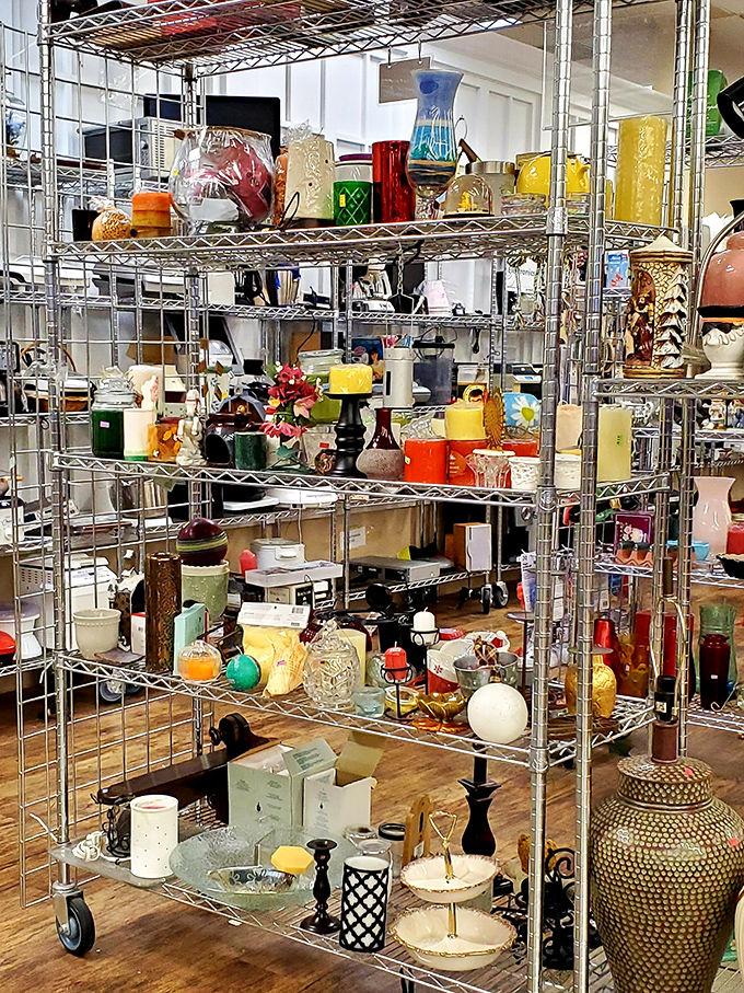 A treasure trove of vases, candleholders, and knickknacks that somehow look both completely random and perfectly curated at the same time.